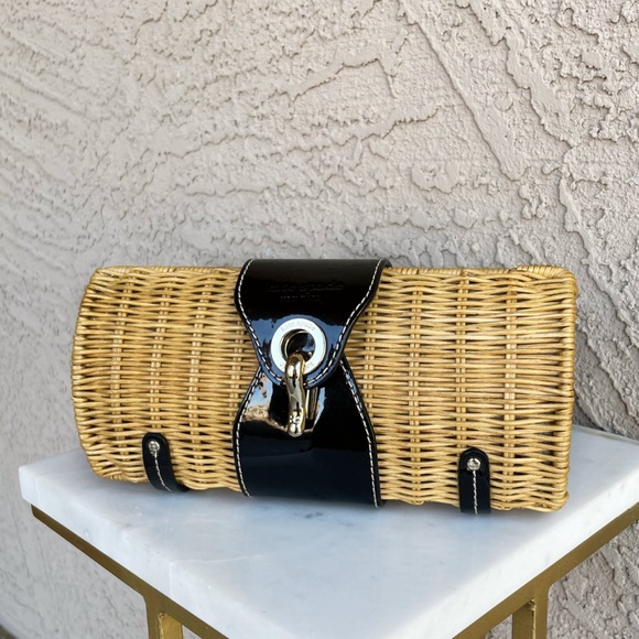 kate spade | Bags | Kate Spade Tan Wicker Black Patent Leather Satin ...